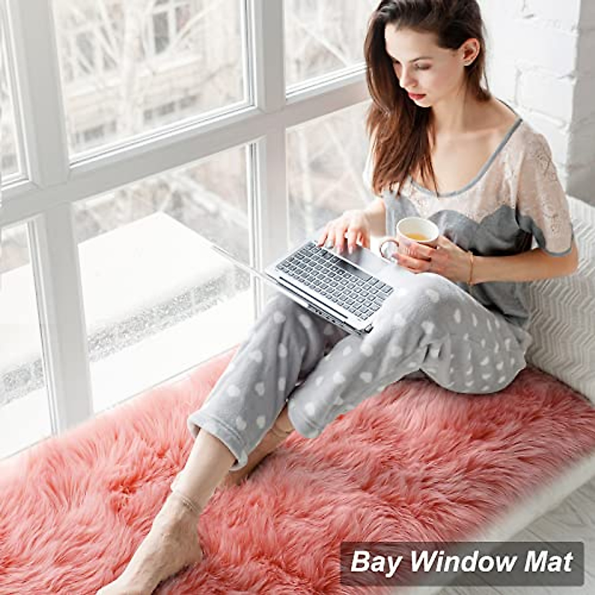 Rtizon 2 PCS Faux Fur Washable Rug, 2 x 5.9 Feet and 2 x 4 Feet Coral Fluffy Sheepskin Rug for Girls Bedroom Livingroom Floor Cushion Home Decor Bedside Carpet, Furry Chair Cover Seat Pad Mat