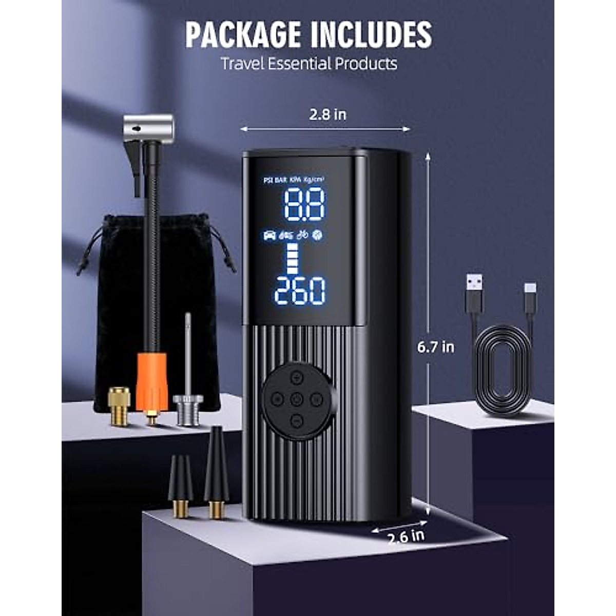 Tire Inflator Portable Air Compressor - 180PSI & 20000mAh Portable Air Pump, Accurate Pressure LCD Display, 3X Fast Inflation for Cars, Bikes & Motorcycle Tires, Balls.