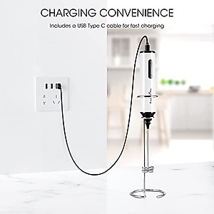 FoodVille MF05 Rechargeable Milk Frother USB Charging Handheld Foam Maker with Stainless Balloon Whisk for Cappuccino, Latte, Bulletproof Coffee, Keto Diet, Protein Powder, Matcha (White with Stand)