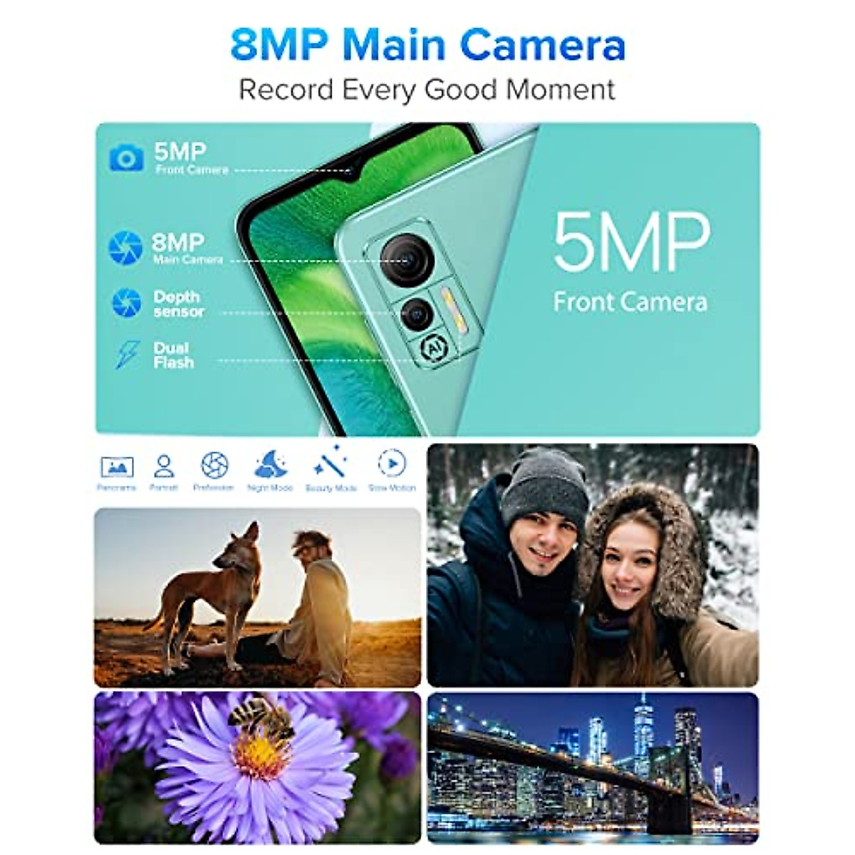 Ulefone Unlocked Smartphone, Note 14 Cell Phone Unlocked, Android 12, 6.52" IPS Full-Screen, 4500mAh, 7GB + 16GB, Triple Card Slots, 8MP Camera, Dual SIM, Face Recognition, 4G Cheap Phones - Green