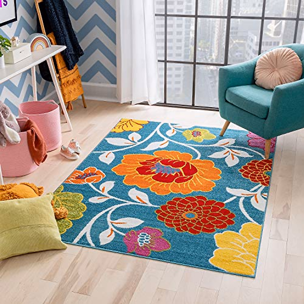 Well Woven Modern Rug Daisy Flowers Blue 3'3" x 5' Floral Accent Area Rug Entry Way Bright Kids Room Kitchen Bedroom Carpet Bathroom Soft Durable Area Rug