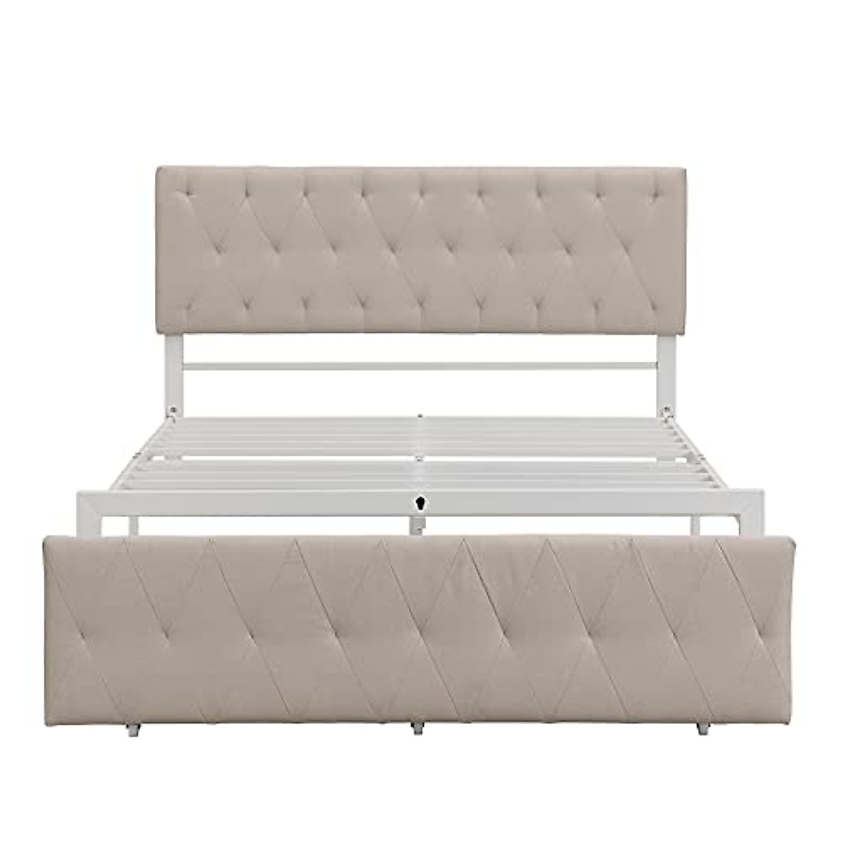 Full Bed with Drawers, Upholstered Platform Bed with Headboard, Metal Bed Frame with Storage for Boys, Girls, Kids, Teens, Beige