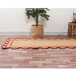 2x3, 2x4, 2x5, 2x6 Ft, Braided Scalloped Jute Rug, Red Scallop Rug, Boho Rug, Natural Jute Rug, Bohemian Rug, Jute Area Rug, Handwoven Jute Rug, Custom Size Rug (2x3 Ft, Area Rug)