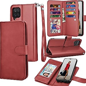 Tekcoo Luxury PU Leather Case, Galaxy A12 5G Flip Wallet Case, Detachable Magnetic Hard Case, Kickstand, Wine Red
