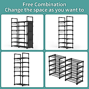 Ohuhu Shoe Rack, 7 Tiers 30 Pairs Metal Black Shoe Shelf Racks Boot Shoes Organizer Storage Free Standing Shoe Tower for Closet Entryway or Outdoor with 2 Side Hooks 3 Pockets Bag Room Organizer