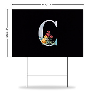 Floral Monogram Letter C Blue Ink Lettering Lawn Yard Signs Alphabet Letter Corrugated Sign for Garage Sales Rent Open House Construction 12"x18"