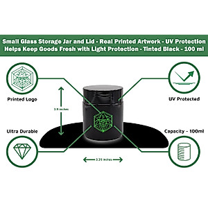 Small Tinted Glass Storage Jar and Lid with Painted Artwork - UV Light Protection for Herbs & Spices Seasoning and Kitchen Organization & Storage - Black and Ancient Symbol Design | Pack of 1 - 100 ml