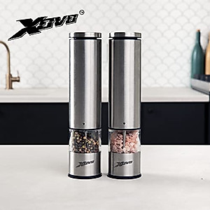 XOVO Electric Salt & Pepper Grinder Set - Battery Operated Stainless Steel Mill With LED Lighting - Electronic Adjustable Shakers - Ceramic Grinders - One Handed Automatic Operation - 2 Pack