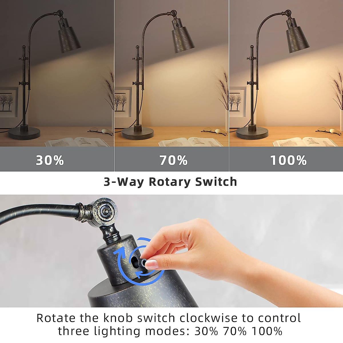 LALISU Metal Desk Lamp Rustic Task Lamp Black Adjustable, Industrial Style Lamp with On/Off Switch, Vintage Work Lamp, Reading Lamp for Bedroom, Study Room &Office, ETL Certificate. (Black)