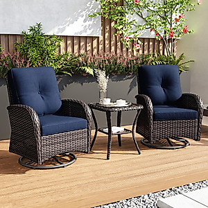 Joyside Patio Swivel Rocker Wicker Chairs - Outdoor Swivel Rocking Chairs Set of 2 with Wicker Side Table, Patio Swivel Rocker Chair 3 Piece Patio Furniture Sets for Porch Deck(Brown/Blue)