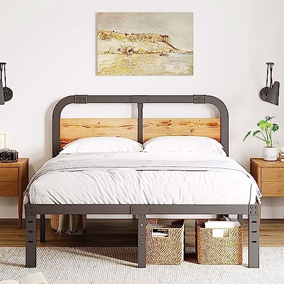 Aardhen California King Bed Frame 14 Inch Rustic Wood Headboard, Heavy Duty Steel Slats Support, Easy Assembly, No Box Spring Needed, Quiet and Sturdy