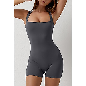 QINSEN Womens Strappy Square Neck Tank Tummy Control Stretch Short Jumpsuit Outfits Grey S