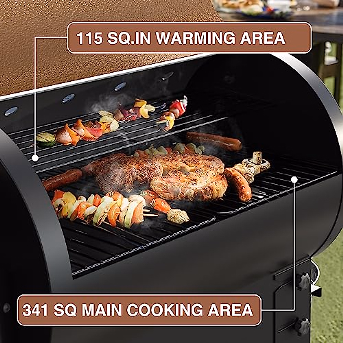 KingChii 2023 Upgrade Portable Wood Pellet Grill + Cover Multifunctional 8-in-1 BBQ Grill with Automatic Temperature Control Foldable Leg for Backyard Camping Cooking Baket,456 sq in Golden Orange