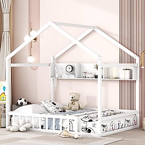 Merax Kids House Bed, Full Size Wooden Bed Frame with Fence, Roof and Storage Shelf for Kids Teens Adults, Wood Slat Support, No Box Spring Needed, Easy Assembly, White