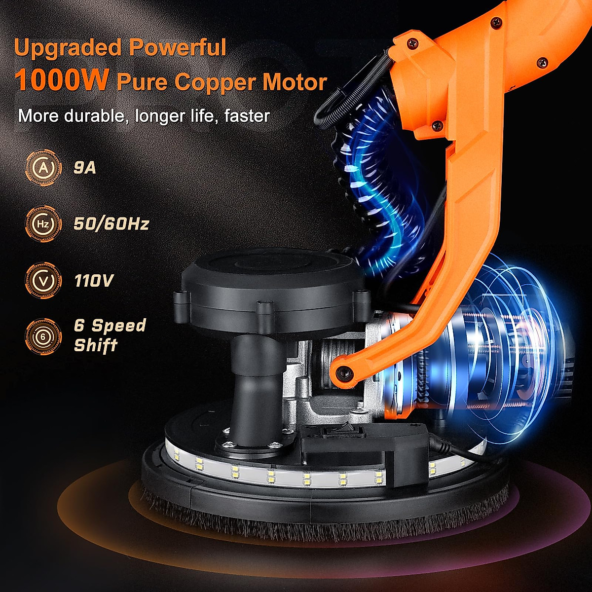 Drywall Sander, 1000W Popcorn Ceiling Removal Tool, Automatic Drywall Sander with Vacuum Dust Collection, LED Light, 6 Variable Speed 800-2200RPM,15Pcs Sanding Discs, Foldable & Extendable Handle