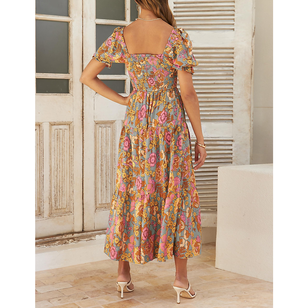 ZESICA Women's 2025 Summer Boho Floral Print Square Neck Ruffle Swing Beach Long Maxi Dress,GreyGreen,Medium