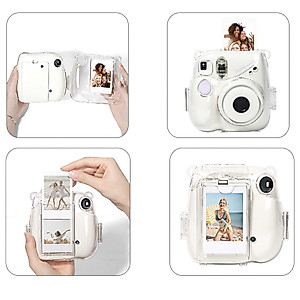 Kimyoaee Mini 7+ Clear Camera Case Bundle Set for Fujifilm Instax Mini 7 Plus Instant Camera Accessories with Films Pocket Picture Holder, Sticker Decal, Adjustable Shoulder Strap