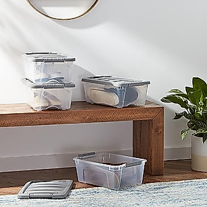 Amazon Basics 12 Quart Stackable Plastic Storage Bins with Latching Lids- Clear/ Grey- Pack of 6