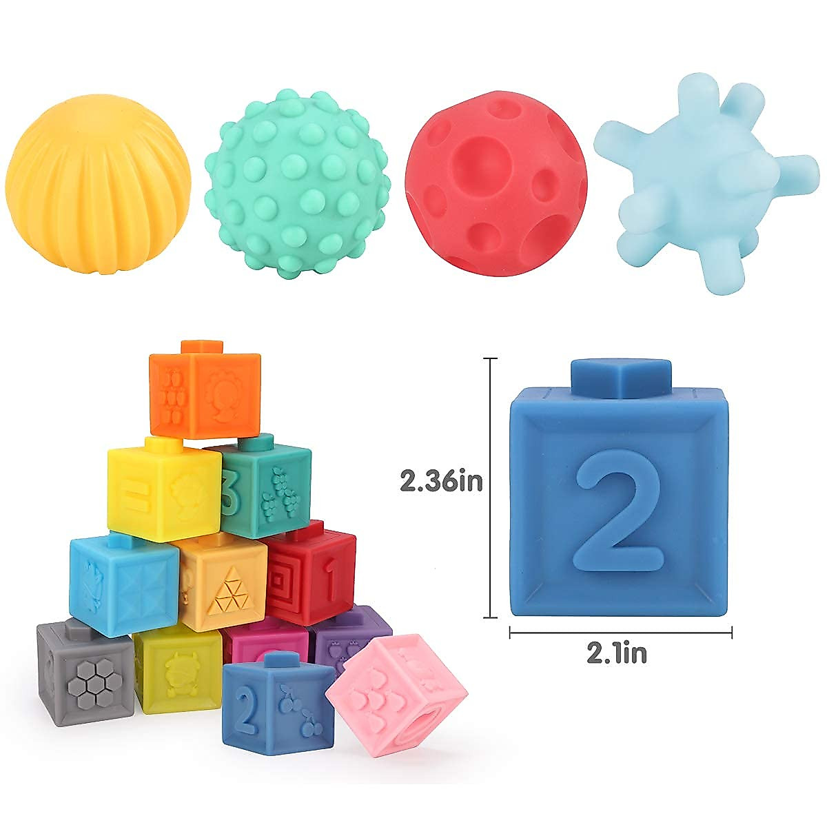Nueplay Baby Blocks Toys Early Learning Building Blocks Ball Set Teethers Babies Bath Toys Squeeze Play with Numbers Shapes Animals Fruit and Textures Toy for 6 Months & Up Toddlers-16 PCS