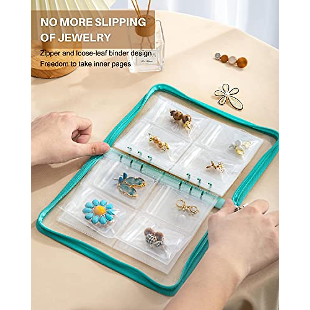 CATIFLIN Earring Organizer Travel Jewelry Case Container Transparent Jewelry Storage Book for Bracelet, Ring, Necklace, Stud, pin (96 Grids + 100 Small Thicken PVC Zipper Bags, Turquoise)