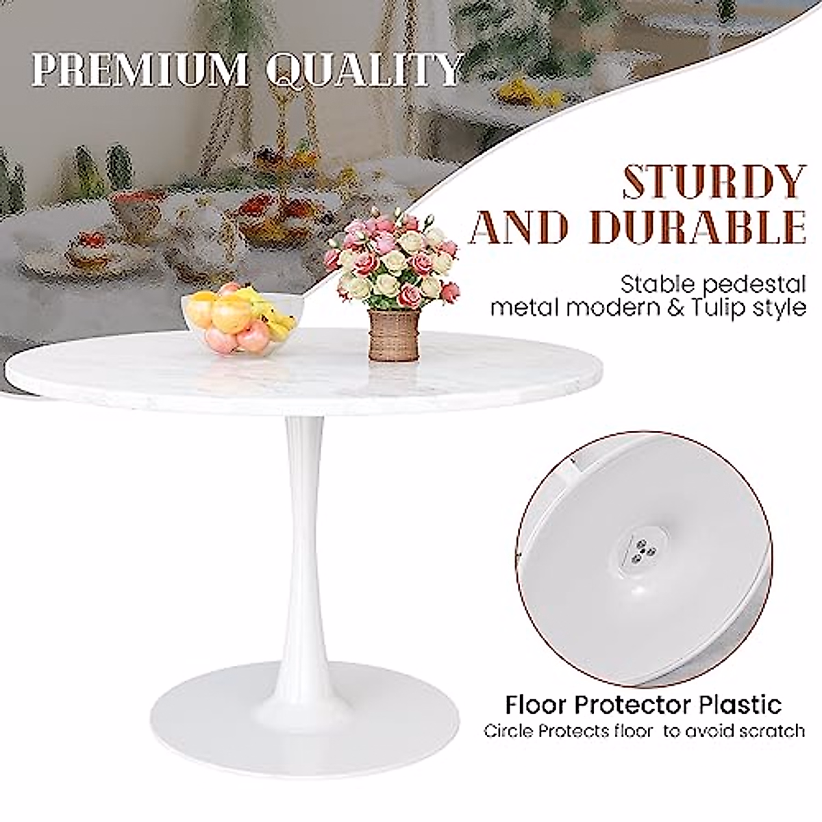 DKLGG White Marble Round, 42.1" Tulip Kitchen Dining 4-6 People with MDF Top & Pedestal Base, Mid-Century End Leisure Coffee Office Living Room Table