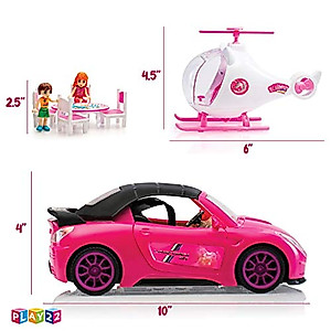 Play22 Pink Convertible 2-Seater Vehicle Doll Accessories with Lights and Sounds 10 Pc - Car for Dolls Set - Toy Car Includes Helicopter Doll, 2 Figurines, Dining Table Set - Great Gift