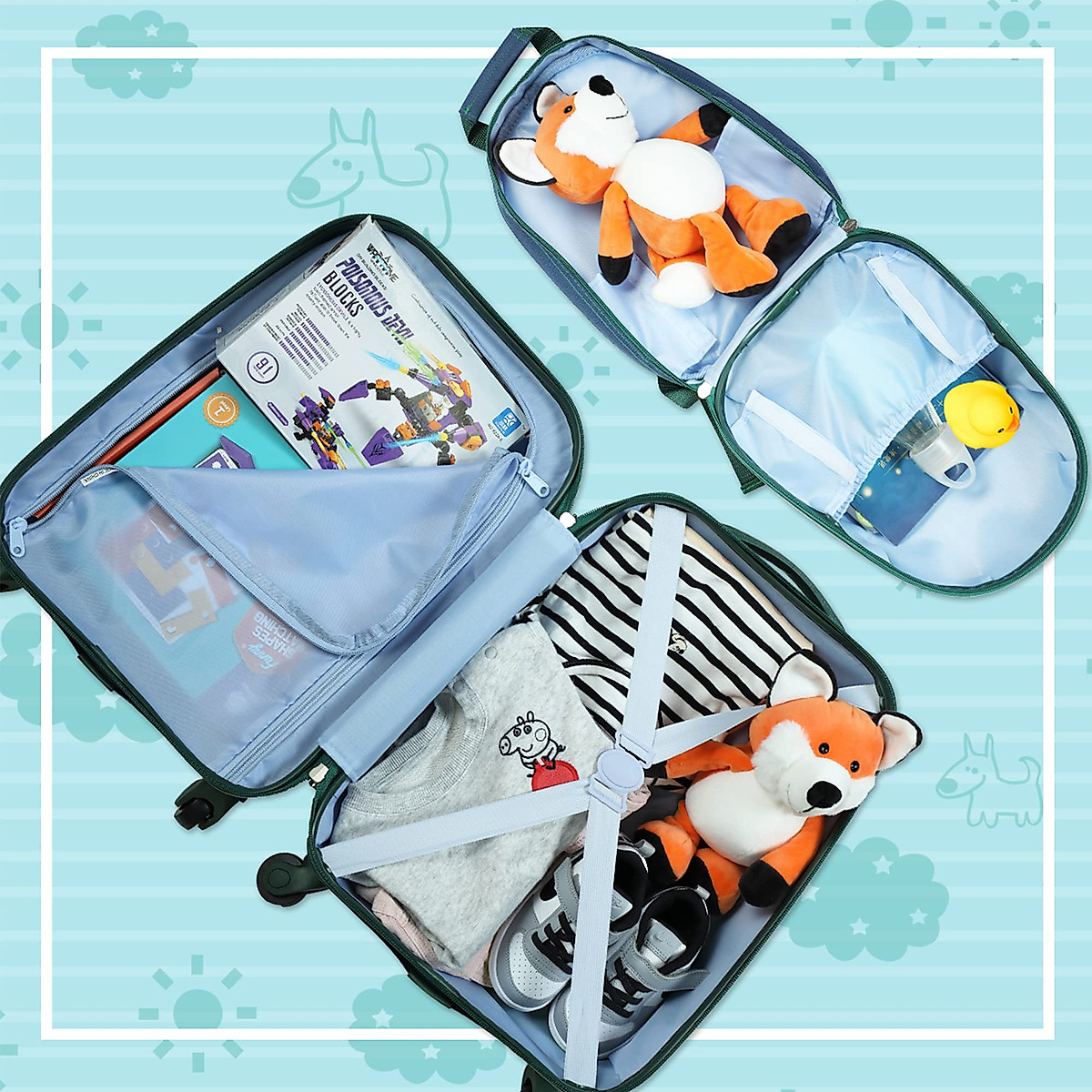 Sandinrayli Kid Luggage Set, 12” Backpack & 16” Kid Carry on Suitcase with Spinner Wheels, Travel Rolling Luggage for Boy