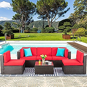 Vongrasig 6 Piece Small Patio Furniture Sets, Outdoor Sectional Sofa All Weather PE Wicker Patio Sofa Couch Garden Backyard Conversation Set with Glass Table,Red Cushions and Blue Pillows (Red)