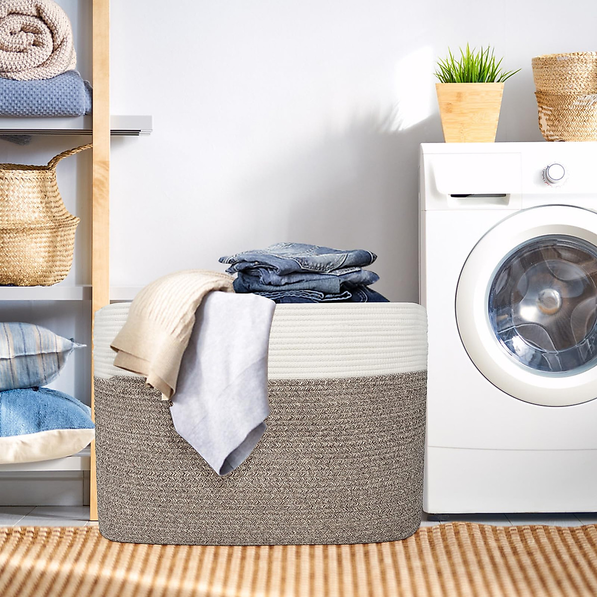 AROPEME XXXXL Large Storage Basket, 25"x13"x16" Laundry Basket for Organizing, Blanket Basket Living Room, Cotton Rope Basket with Handles, Rectangle Woven Basket, Baby Nursery Storage Bin, Brown