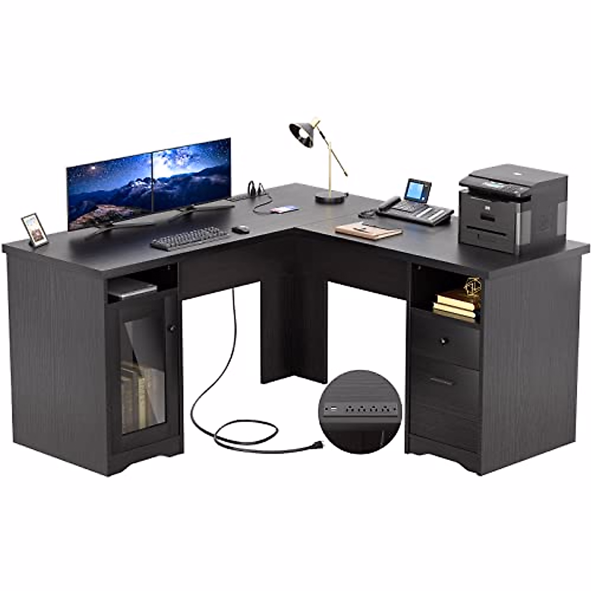 Unikito L Shaped Desk with Drawers, 60 Inch Corner Computer Table with Power Outlet & USB Charging Port, Large Office Desk with File Cabinets, 2 Person Executive Desk with Storage Cabinet, Black