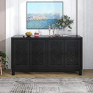 Wood Storage Cabinet, Large Storage Space Sideboard, 4 Door Buffet Cabinet with Pull Ring Handles for Living Room, Dining Room, Easy Assembly (Black)