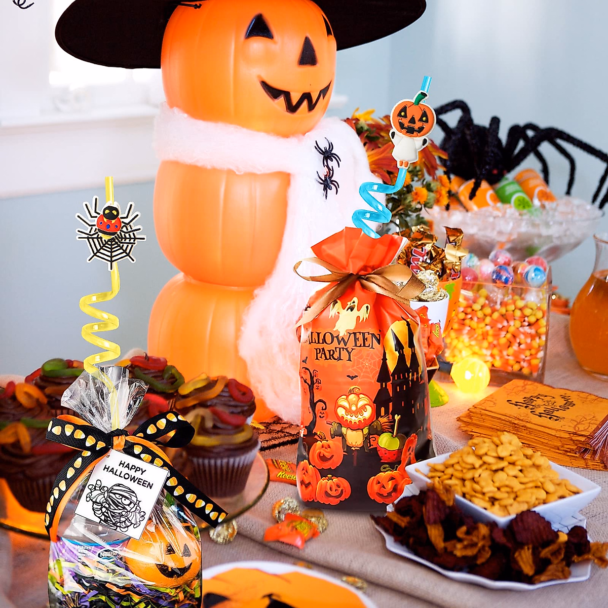 AFZMON 24 PCS Halloween Drinking Straws Reusable Pumpkin Skull Ghost Vampire Witch Plastic Beverages Cocktail Straw with Cartoon Decoration for Kids Halloween Party Supplies for Birthday Party Favors