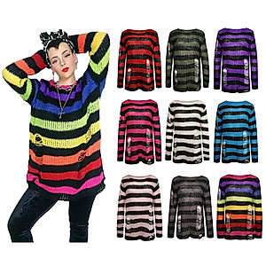 Ro Rox Gothic Knitted Jumper with Distressed Look - Oversized Pullover with Ripped Design, Long Sleeves, Loose Fit, 90s Grunge Style Stripe Pattern, Green, L-XL