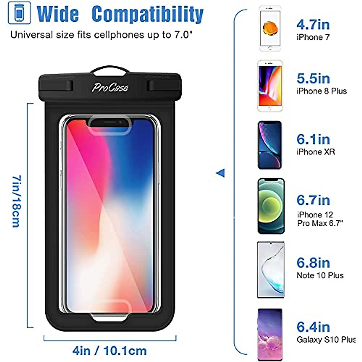 ProCase Waterproof Case with Touch ID, Cellphone Dry Bag Pouch for iPhone Xs Max XR XS X 8 7 6S Plus with Fingerprint Recognition, Galaxy S10 S10e S9 S8+ up to 6.0" - 2 Pack Black