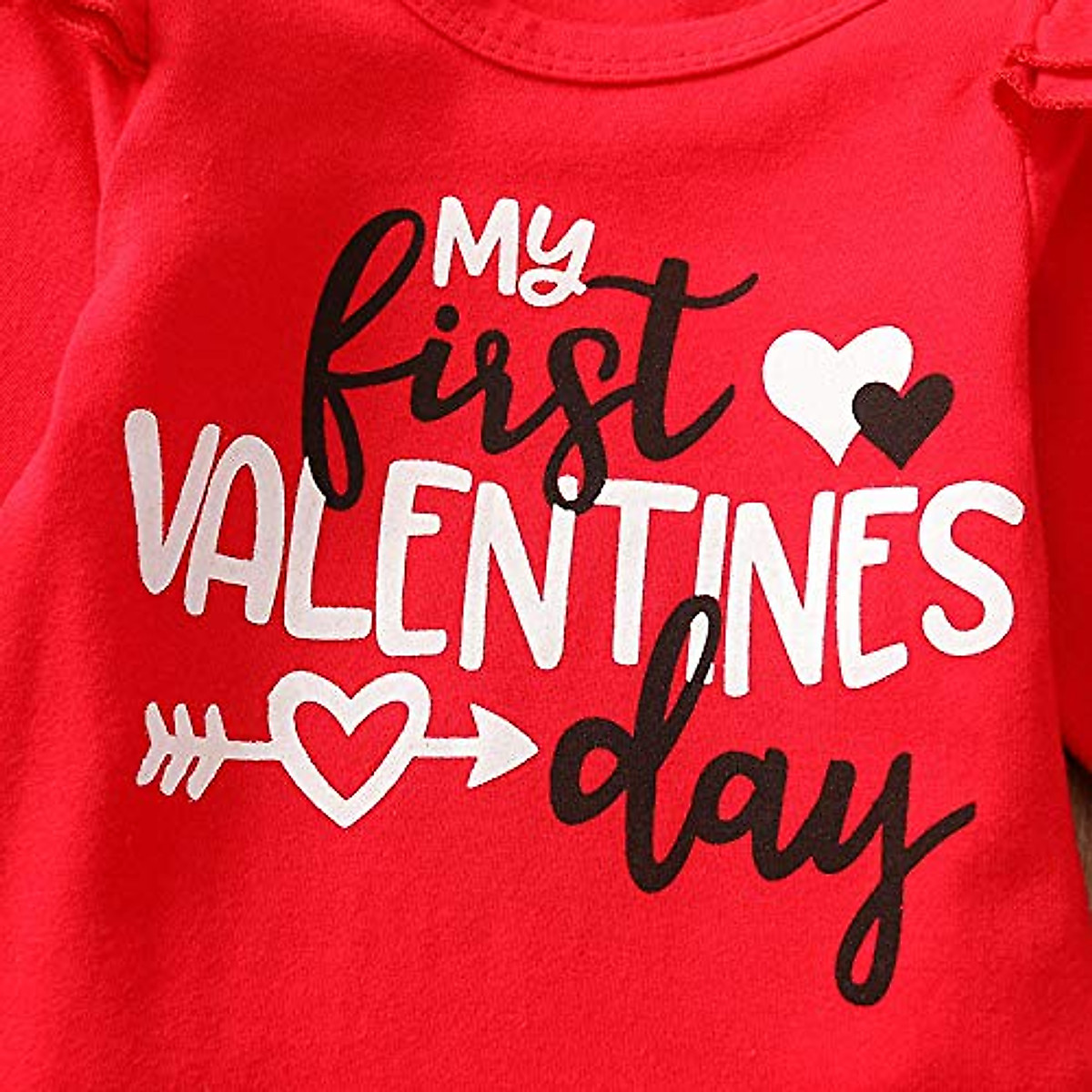 My First Valentine's Day Baby Girl Outfits Ruffle Long sleeve Romper Tops+Suspender Skirt+Headband Clothes Sets (Red, 0-3 months)