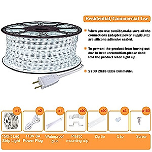 SURNIE 150ft LED Rope Lights Outdoor Waterproof - 110V Daylight White Dimmable Thick Flat Strip Light 6500K Cuttable Connectable for Stairs,Deck,Backyards,Commercial Use Indoor Outdoor Rope Lighting