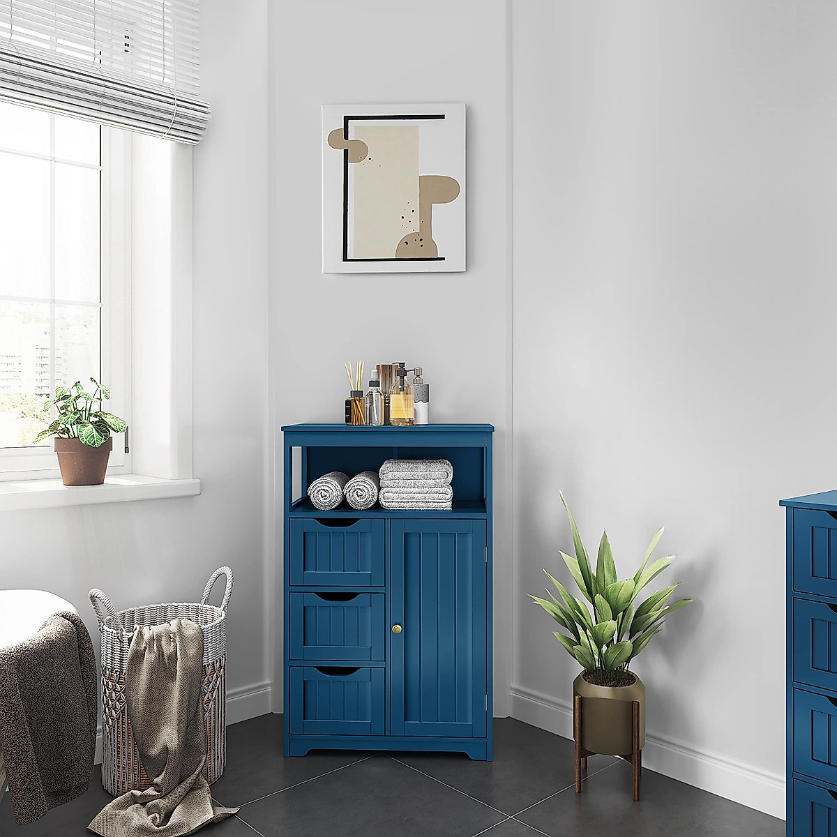 Topeakmart Wood Bathroom Floor Cabinet, Free Standing Storage Cabinet with 3 Drawers and Cupboard, Hallway/Entryway Cabinet, Living Room Accent Furniture, Navy Blue