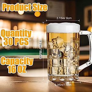 Mifoci 30 Pcs Clear Plastic Beer Mug with Handles 16 oz Reusable Acrylic Beer Stein Bulk Glasses Beer Drinking Cups Dishwasher Safe for Bar Home Hotel Cocktail Juice Alcohol Soda Party