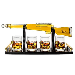 Shotgun Gun Large Whiskey & Wine Decanter Set Bullet Glasses - Limited Edition Elegant Rifle Gun Whiskey Decanter 22.5" With 4 Shotgun Bullet Whiskey Glasses and Mohogany Wooden Base The Wine Savant