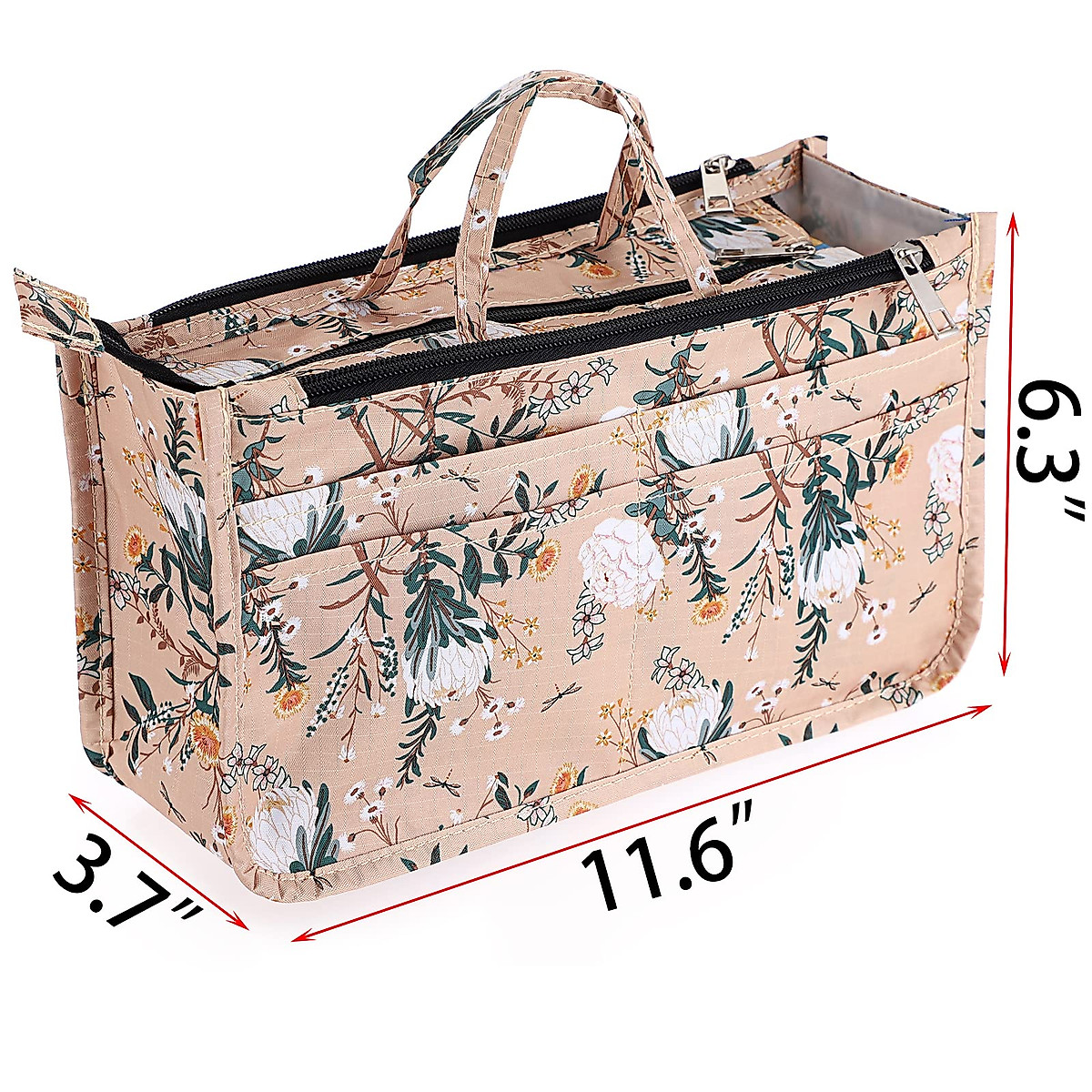 BTSKY Printing Handbag Organizers Inside Purse Insert - High Capacity 13 Pockets Bag Tote Organizer with Handle (White Flower)