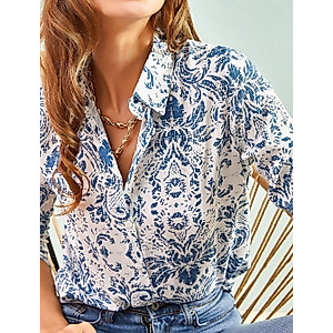 Blouses for Women Fashion, Casual Long Sleeve Button Down Shirts Tops (Blue Print, Medium)