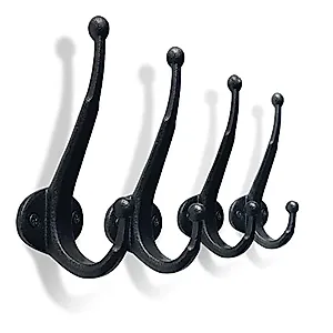 NACH Modern Double Prong Wall Hooks - Heavy Duty Decorative Black Hooks for Mudroom, Coat & Hat Rack, Towel Racks for Bathroom - Wall Mount Cast Iron Hooks - 4 Pack, 1.8x2.0x5.0 in, KE-NH-898