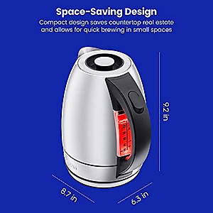 Chefman Electric Kettle, 1.7 Liter Stainless Steel Electric Tea Kettle Water Boiler with Automatic Shutoff, LED Lights, Boil-Dry Protection, Hot Water Electric Kettles for Boiling Water, Stainless