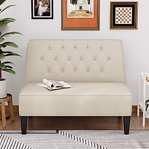 Alunaune Upholstered Loveseat Bench Couch for Bedroom, Modern Anti Scratch Cushioned Armless Settee Small Love Seat Sofa Faux Leather Living Room Couch-Beige