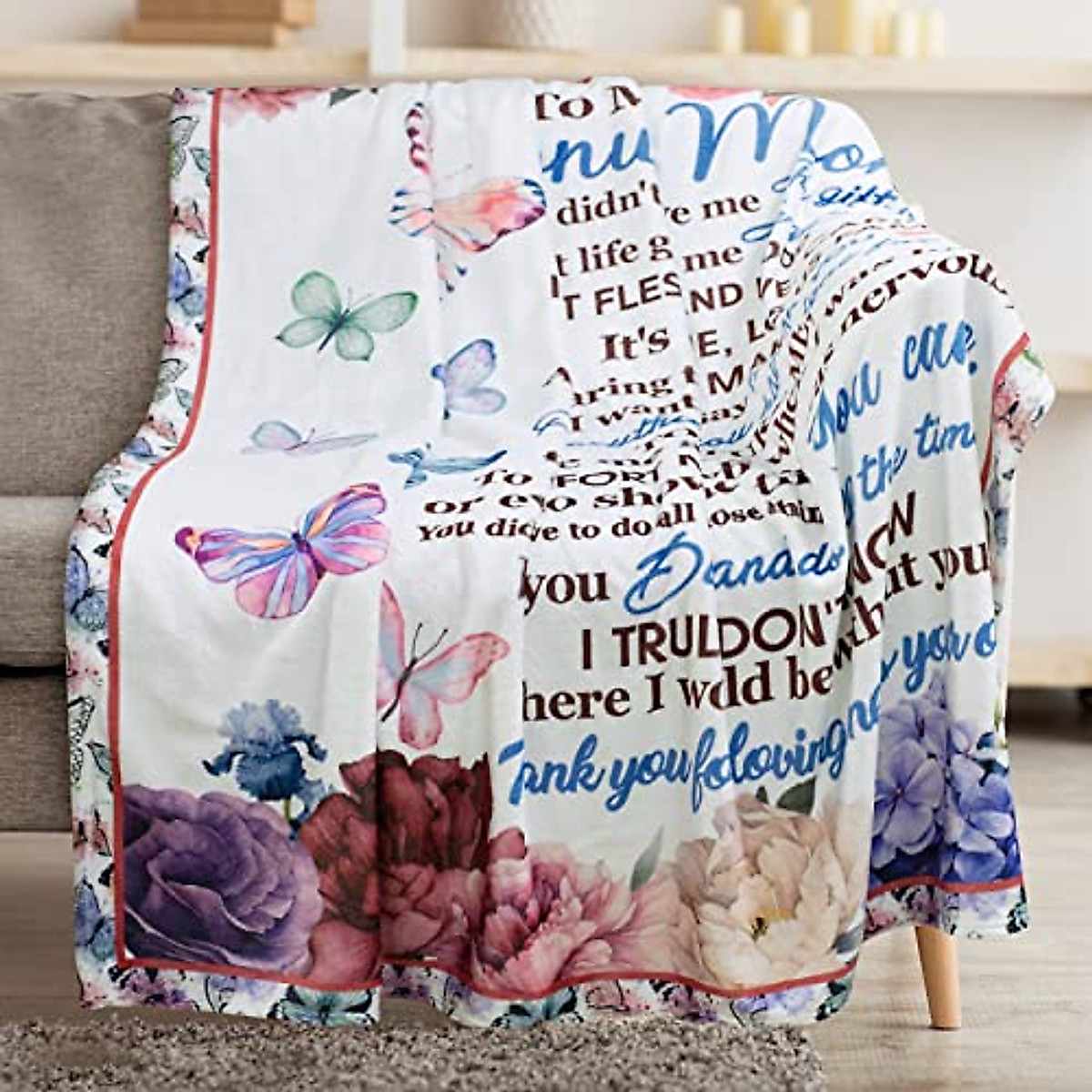 to My Bonus Mom Blanket Gifts from Daughter Son Thank You Mom Blanket Presents Floral Butterfly Fleece Soft Throw Blankets Mothers Day Christmas Birthday Gifts for Bonus Mom Couch Bed 50 * 60 Inch