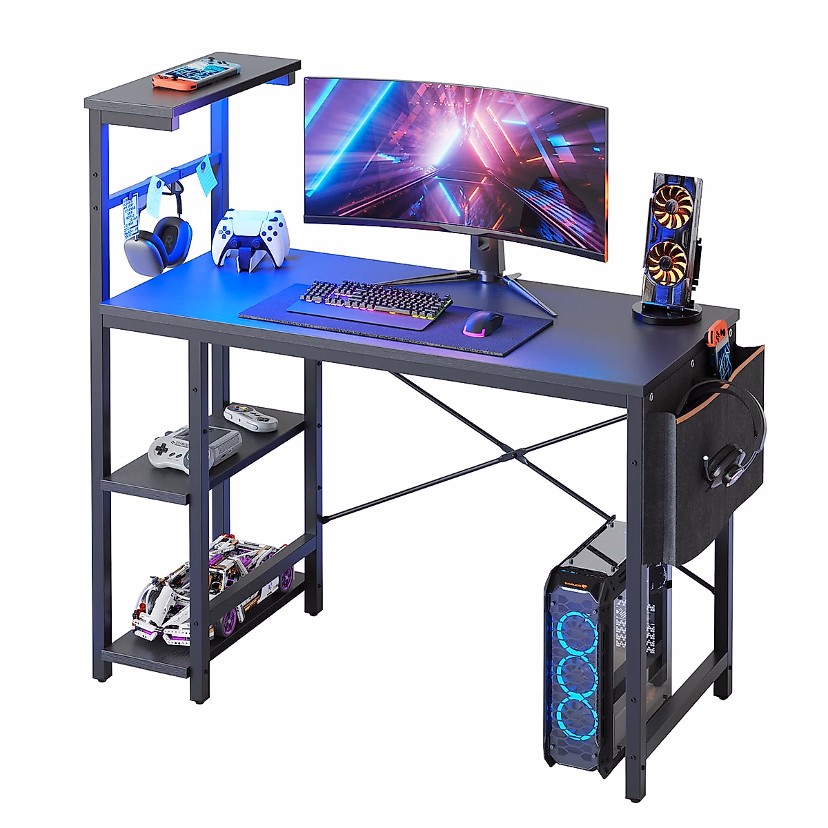 Bestier Gaming Desk with LED Lights, 44 Inch PC Gamer Desk for Small Spaces, Computer Desk with Reversible Storage Shelves & Side Storage Bag (Black Grained)