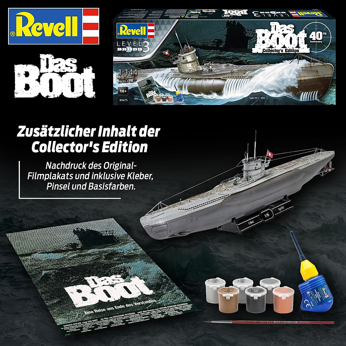 Revell Gift Set 05675 "Das Boot Movie 40 Years Collector's Edition 1:144 Scale Unbuilt Plastic Model Kit with Contacta Professional Glue, Paintbrush, Selected Aqua Color Paints & Repro Movie Poster