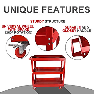 LFGUD 3-Tier Commercial Utility Cart with Brake Wheels, Sturdy Steel Construction, 110 lbs Capacity, Red