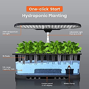 15 Pods Hydroponics Growing System with Tank Alert, Indoor Herb Garden with Grow Light, 30.31 Inches Adjustable Height, Indoor Gardening System with 5.5L Water Tank, Black