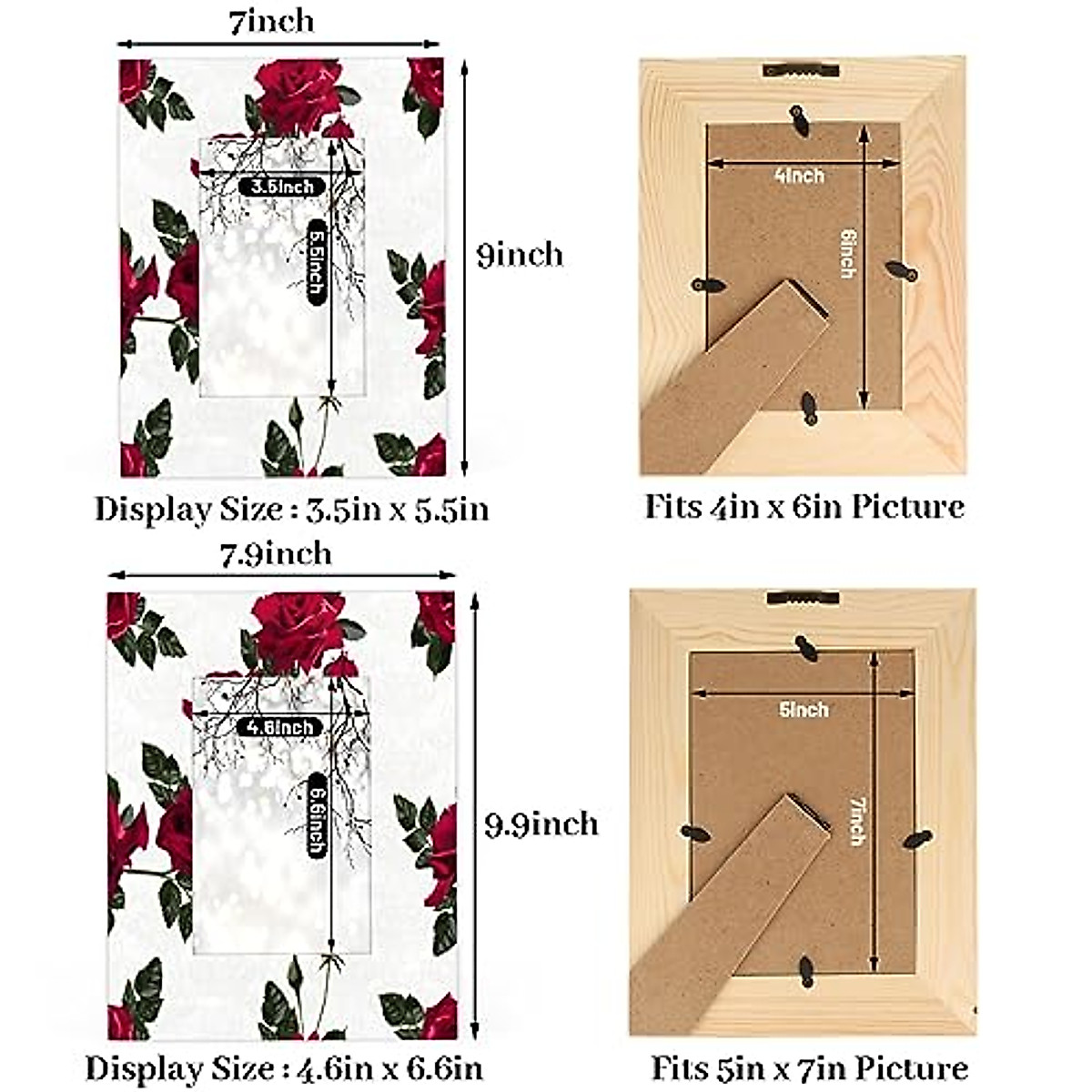 POFATO Red Rose Art Pattern 5x7 Picture Frame Wood Photo Frame for Tabletop Display Wall Mount Picture Frame Display 5 x 7 Inch Photo Wall Decor Home Gift Frames